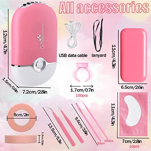 Eyelash Extension Supplies Kit for Professionals 1 Mini Fan Lash Dryer,Lash Extension Silicone Pad,2 Tweezers,Tapes,10 Under Eye Gel Pads,50 Mascara Brush,100 Micro Applicator,100 Glue Ring (Pink B)