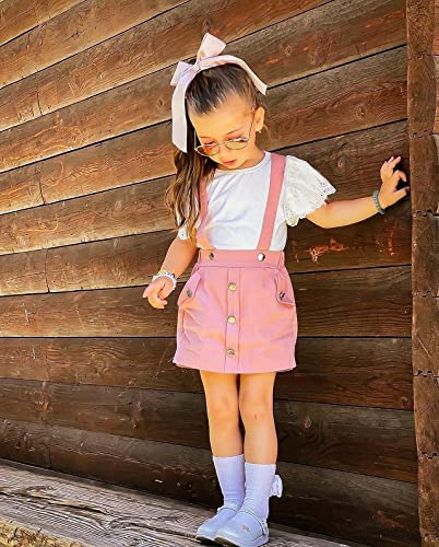 GOOCHEER Infant Baby Girl Summer Outfits Short Sleeve Romper T-Shirt Tops Suspender Skirt Overall Dress 2Pcs Clothes Set (A-Pink, 3-6 Months)