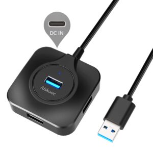 usb hub aiskooc usb 3.0 hub with usb-c power supply port usb 3.0 * 1 port and usb 2.0 * 3 ports usb splitter for laptop car pc xps usb flash drives mobile hdd printer camera and more -black (1.65ft)