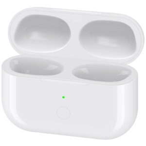 compatible with airpods pro, qi-certified wireless charging case replacement, support blue-tooth pairing&sync button, 660 mah built-in battery, white(earbuds not included)