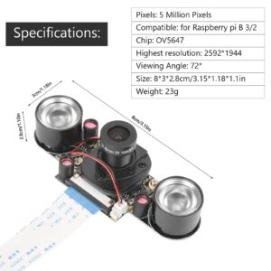 Raspberry pi B 3/2 Camera Module, 5 Million Pixel 1080p Camera Module with OV5647 Sensor,2pcs 850ir IR-Cut Night Vision Automatically Infrared Fill Lights for Raspberry Pi B 3 2