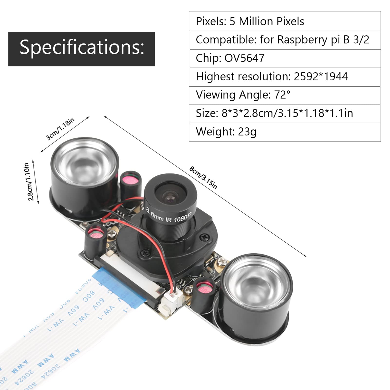 Raspberry pi B 3/2 Camera Module, 5 Million Pixel 1080p Camera Module with OV5647 Sensor,2pcs 850ir IR-Cut Night Vision Automatically Infrared Fill Lights for Raspberry Pi B 3 2