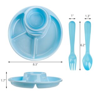 Hedume Set of 8 Toddler Feeding Divided Plates with Fork and Spoon, 4-Compartment Divided Plastic Kids Tray with Deep Sides for Baby, Toddler & Child Feeding, BPA Free, Microwave & Dishwasher Safe