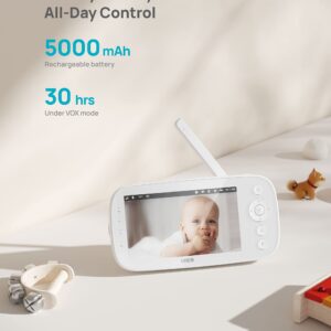 Dreo Baby Monitor, 5 Inches 720P HD Split Screen Video Baby Monitor with Camera and Audio, Infrared Night Vision, 2-Way Talk, Remote PTZ, 1000ft Range, 5000mAh Rechargeable Battery with VOX Mode