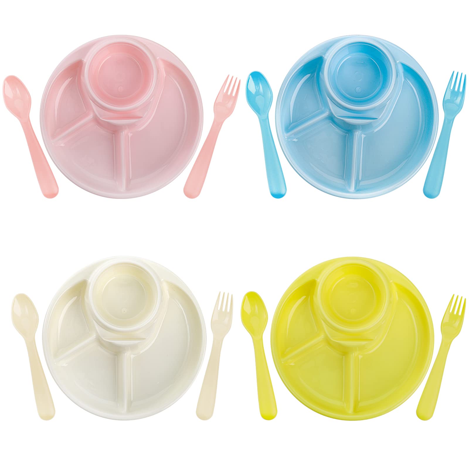 Hedume Set of 8 Toddler Feeding Divided Plates with Fork and Spoon, 4-Compartment Divided Plastic Kids Tray with Deep Sides for Baby, Toddler & Child Feeding, BPA Free, Microwave & Dishwasher Safe