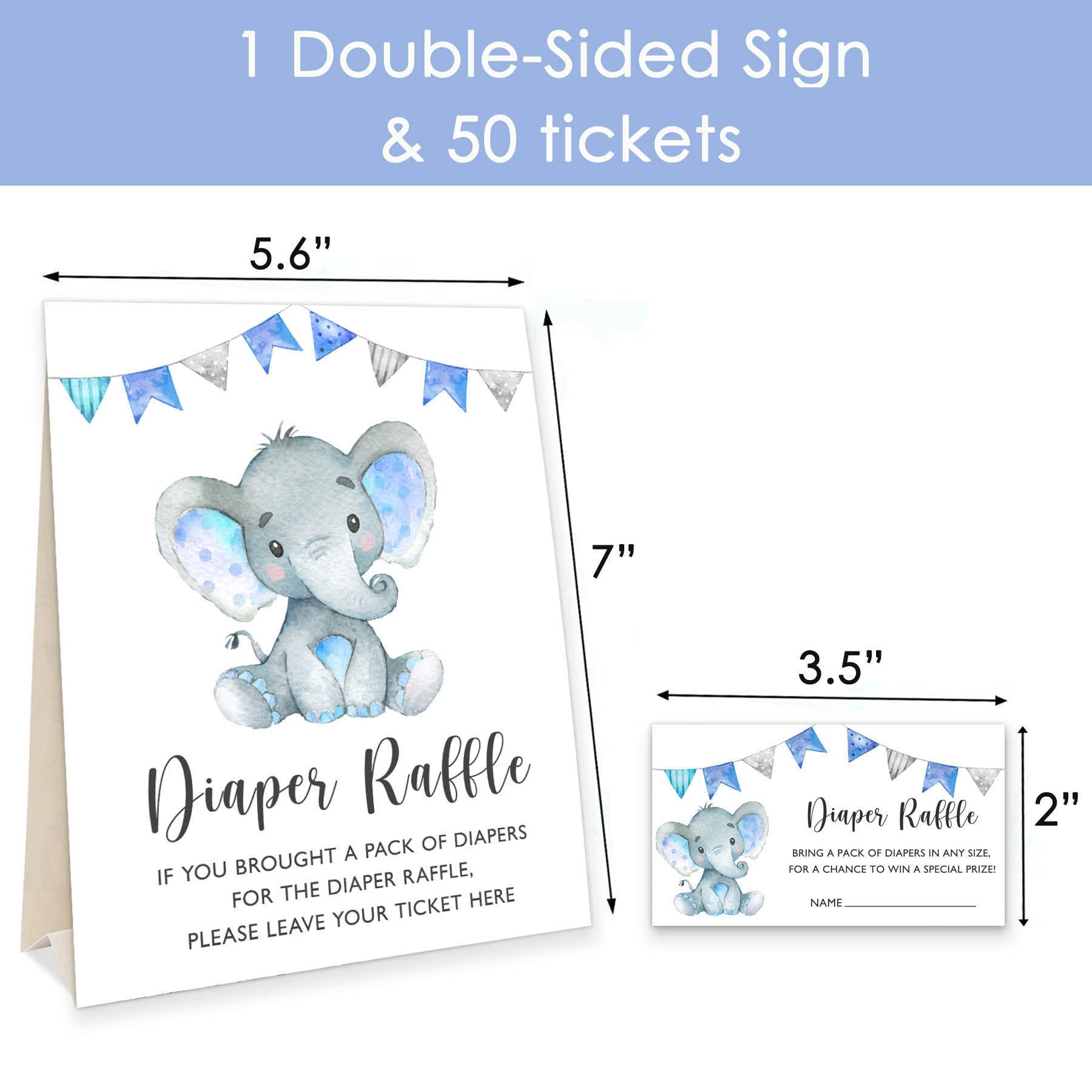 Yuzioey Boy Elephant Diaper Raffle Tickets and Sign, Elephant Baby Shower Game Cards, 50 Tickets and Matching Standing Sign, Diaper Raffle Tickets for Blue Elephant Baby Shower Invitations