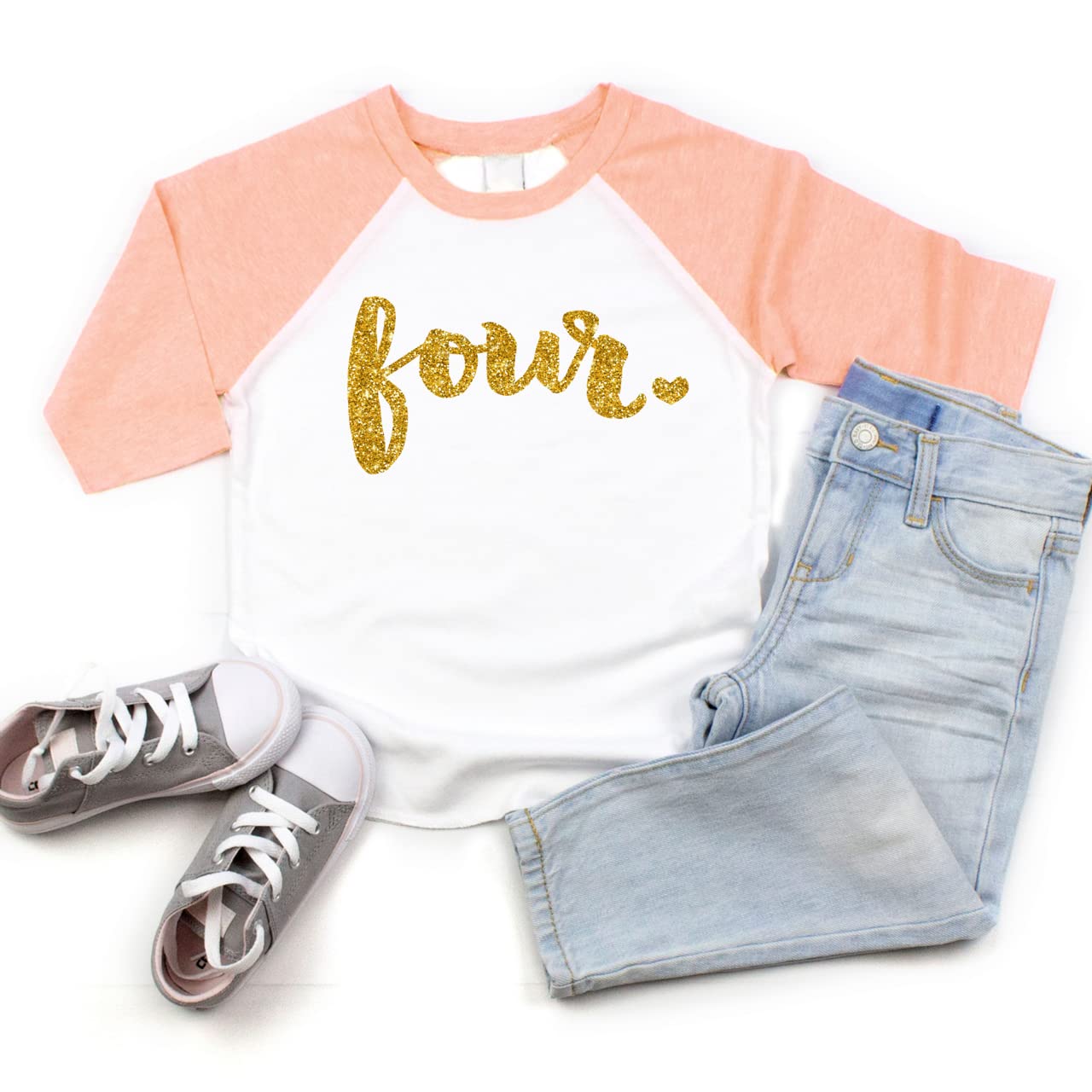 Bump and Beyond Designs Girl Fourth Birthday Outfit Fourth Birthday Shirt Four Year Old Outfit (Peach/Gold 5T)