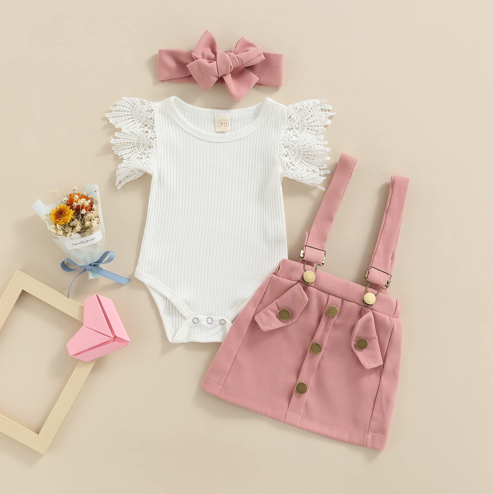 GOOCHEER Infant Baby Girl Summer Outfits Short Sleeve Romper T-Shirt Tops Suspender Skirt Overall Dress 2Pcs Clothes Set (A-Pink, 3-6 Months)