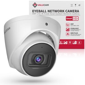 valucam 4mp poe turret camera, 0.006lux@f1.6 starlight ip poe camera outdoor, 2.8mm fixed lens with 98ft night vision, human/vehicle detection plus, built-in audio, ip67, dmss & smartpss