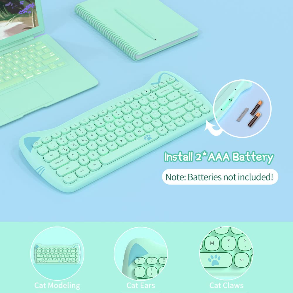 NACODEX 84 Key Cute Bluetooth Keyboard, Portable Thin Wireless Keyboard with Round Keycap/Kawaii Cat Ears Design, Aesthetic Keyboard Compatible with Android Windows iOS (Green)