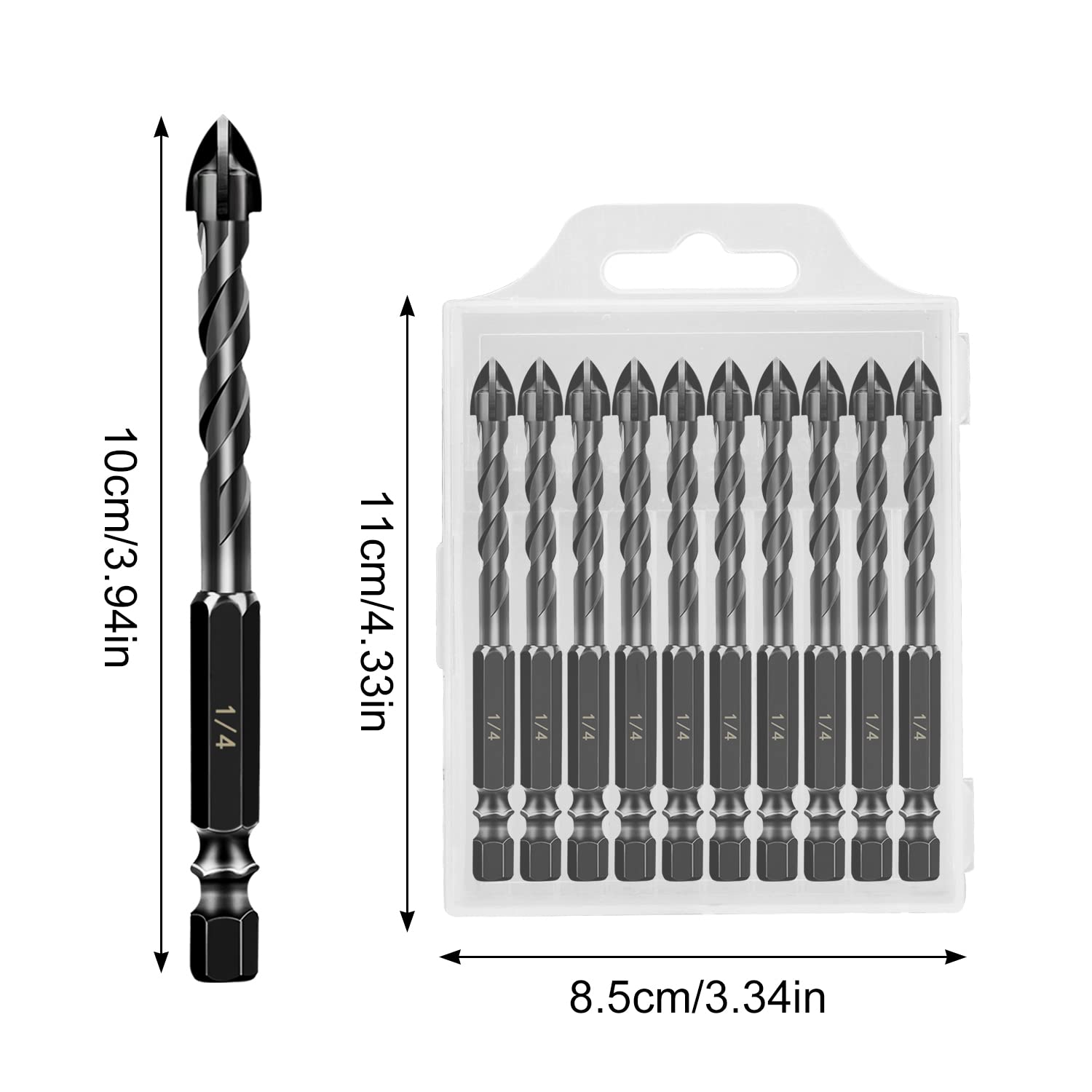 10 Pcs Masonry Drill Bits, Concrete Drill Bit Set Tungsten Carbide Tip Work with Concrete, Stone, Carbide Drill Bit Set for Glass, Brick, Tile, Plastic, Ceramic and Wood Size 1/4 inch