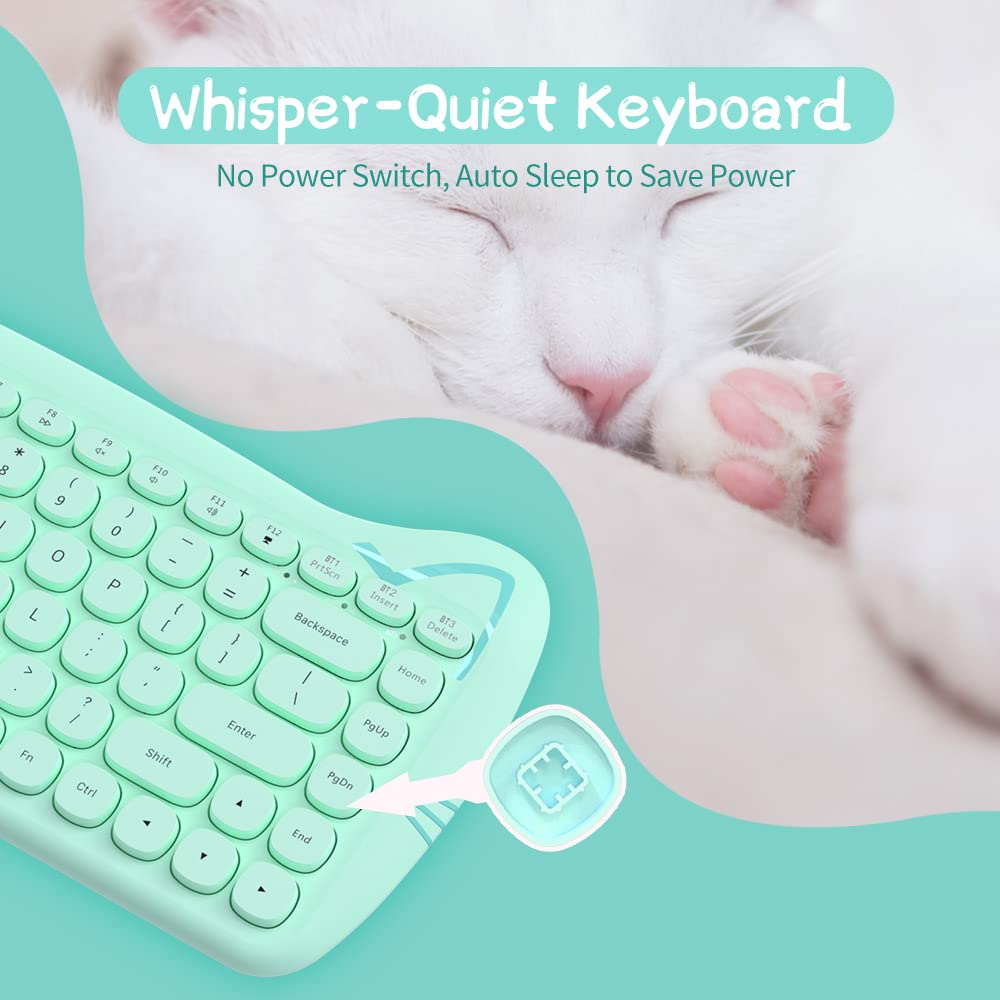 NACODEX 84 Key Cute Bluetooth Keyboard, Portable Thin Wireless Keyboard with Round Keycap/Kawaii Cat Ears Design, Aesthetic Keyboard Compatible with Android Windows iOS (Green)