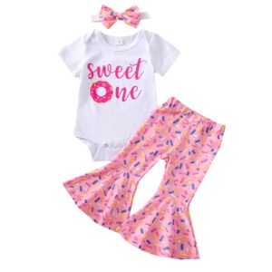 lamuusaa toddler baby girls birthday outfits sweet one/two sweet romper shirts doughnut shorts/flared pants headband set