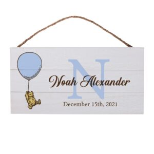 gsm brands personalized winnie the pooh sign for nursery decor - custom name wooden plank classic vintage wall decor sign (13.75 x 7)