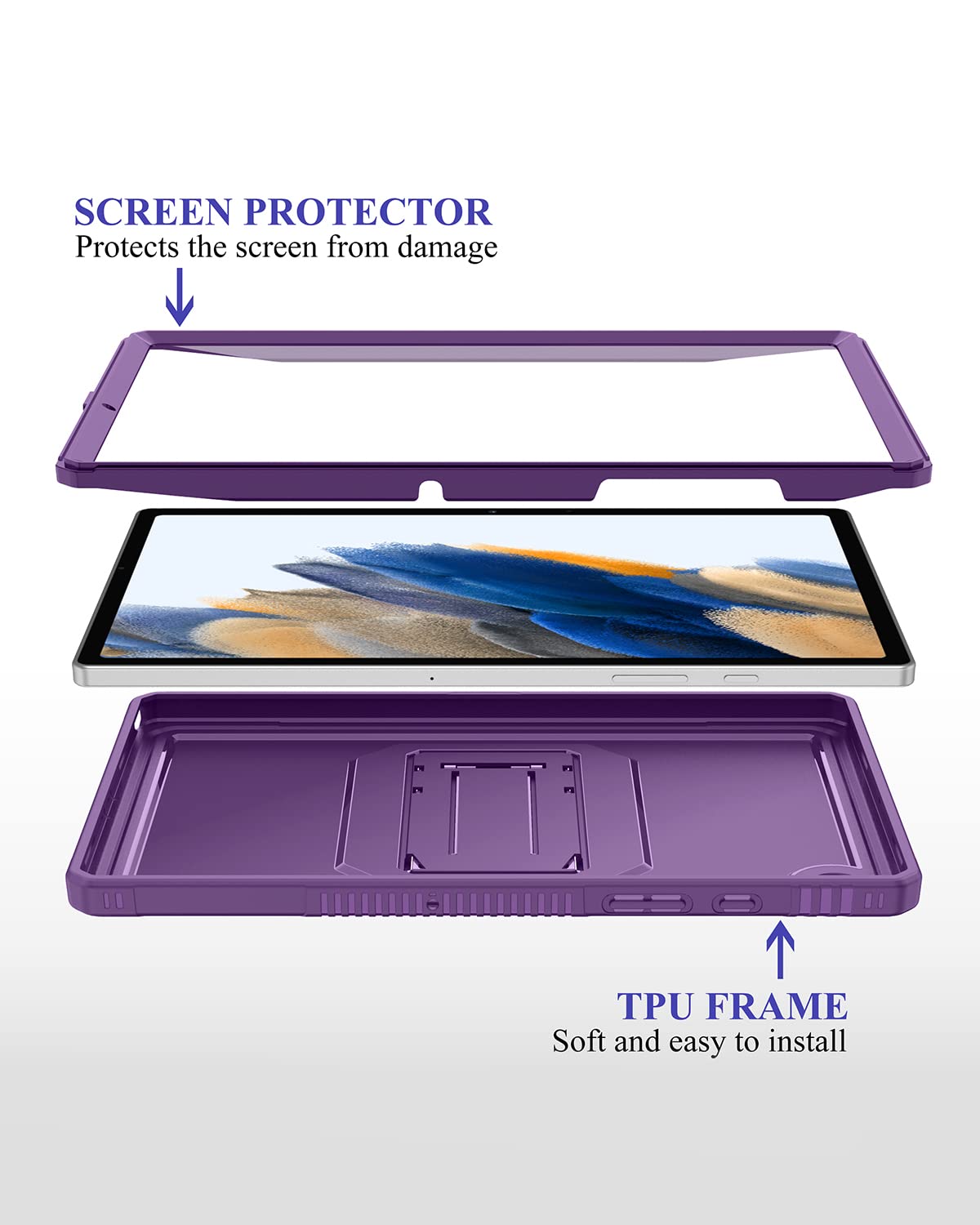 Supveco Case for Samsung Galaxy Tab A8 10.5 Inch 2022 Release, Dual Layer Full Body Shockproof Protective Case with Built-in Screen Protector Cover for Galaxy Tab A8 10.5'' [SM-X200/X205/X207]-Purple