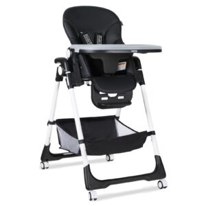 kinder king high chair for babies & toddlers, simple fold highchair w/large storage basket, adjustable height, recline & footrest, detachable double trays, pu cushion, easy to move & clean, black