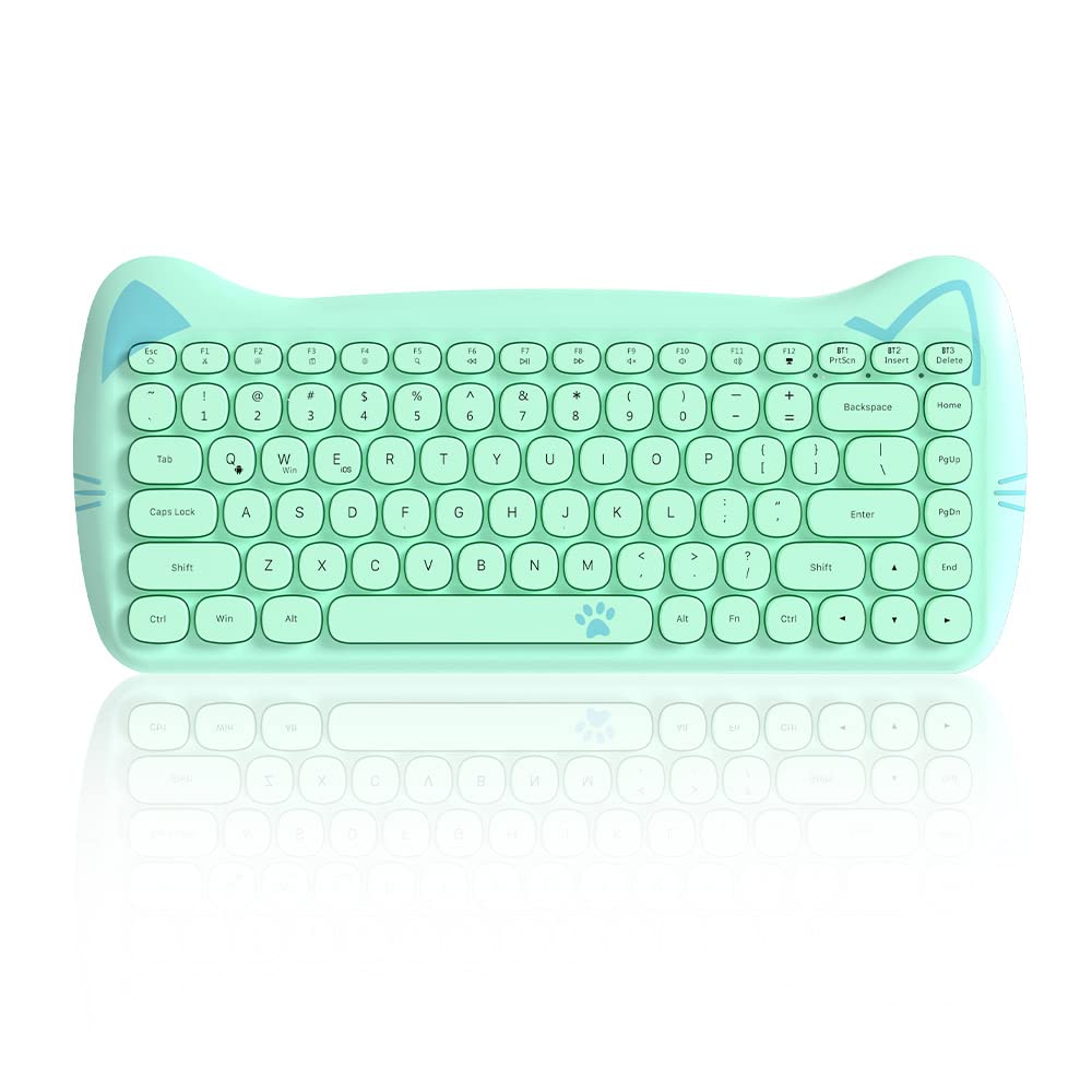 NACODEX 84 Key Cute Bluetooth Keyboard, Portable Thin Wireless Keyboard with Round Keycap/Kawaii Cat Ears Design, Aesthetic Keyboard Compatible with Android Windows iOS (Green)