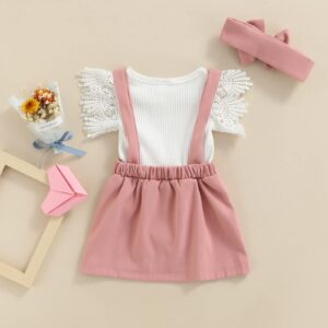 GOOCHEER Infant Baby Girl Summer Outfits Short Sleeve Romper T-Shirt Tops Suspender Skirt Overall Dress 2Pcs Clothes Set (A-Pink, 3-6 Months)