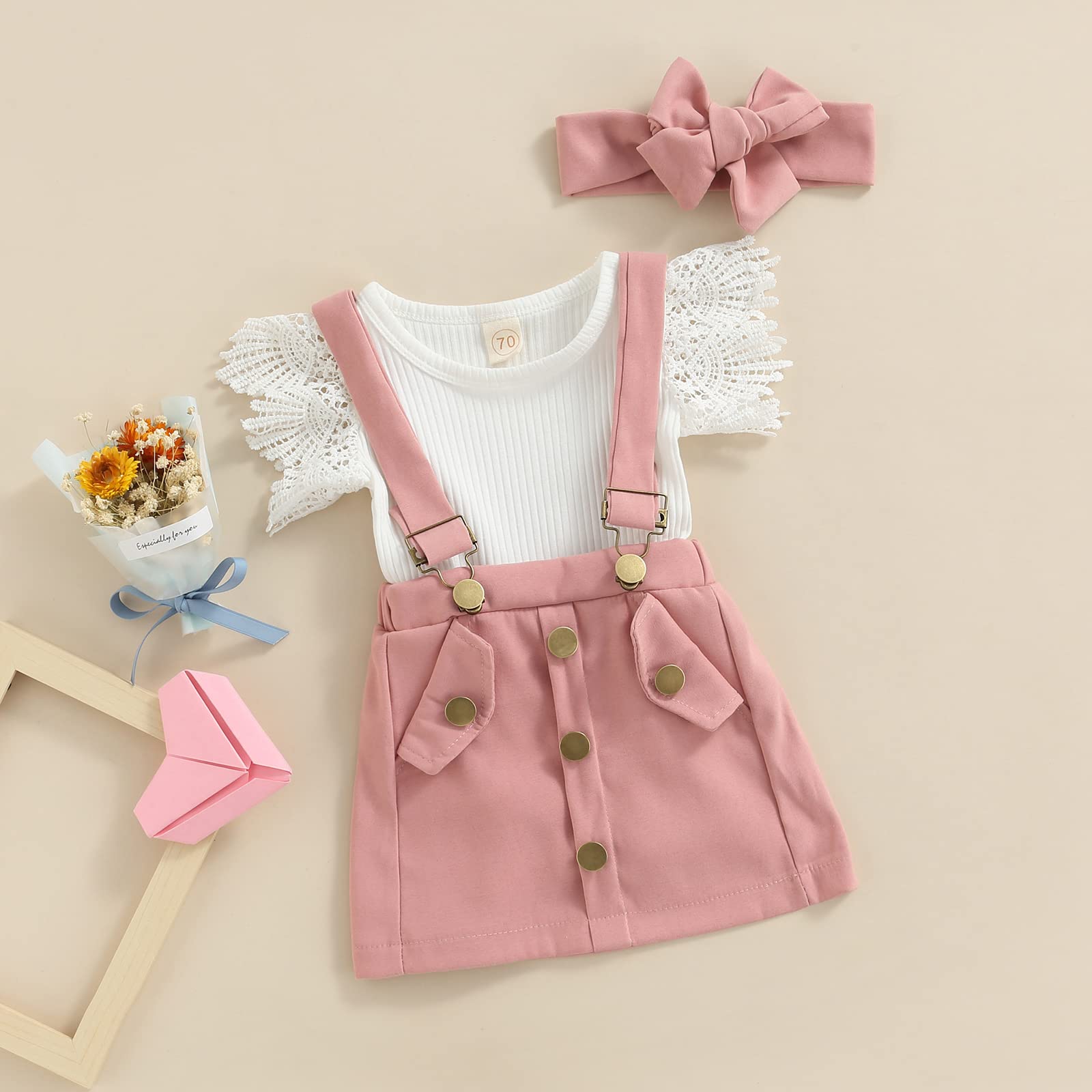 GOOCHEER Infant Baby Girl Summer Outfits Short Sleeve Romper T-Shirt Tops Suspender Skirt Overall Dress 2Pcs Clothes Set (A-Pink, 3-6 Months)