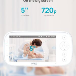 Dreo Baby Monitor, 5 Inches 720P HD Split Screen Video Baby Monitor with Camera and Audio, Infrared Night Vision, 2-Way Talk, Remote PTZ, 1000ft Range, 5000mAh Rechargeable Battery with VOX Mode