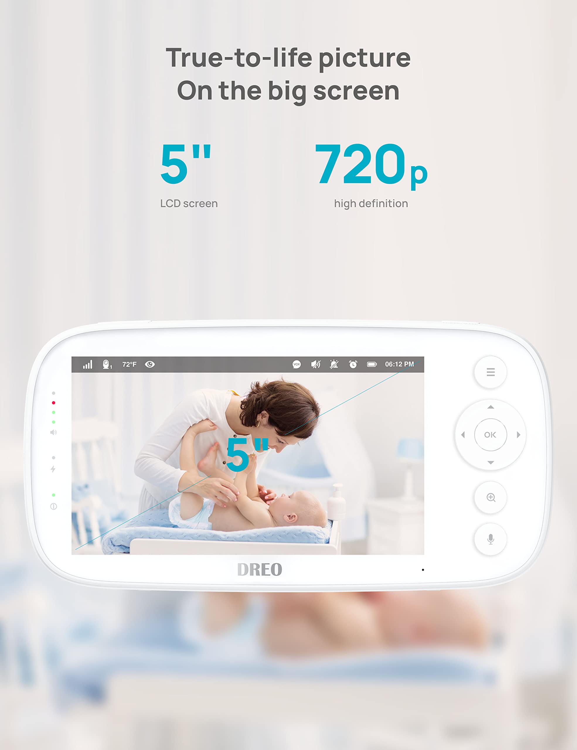 Dreo Baby Monitor, 5 Inches 720P HD Split Screen Video Baby Monitor with Camera and Audio, Infrared Night Vision, 2-Way Talk, Remote PTZ, 1000ft Range, 5000mAh Rechargeable Battery with VOX Mode