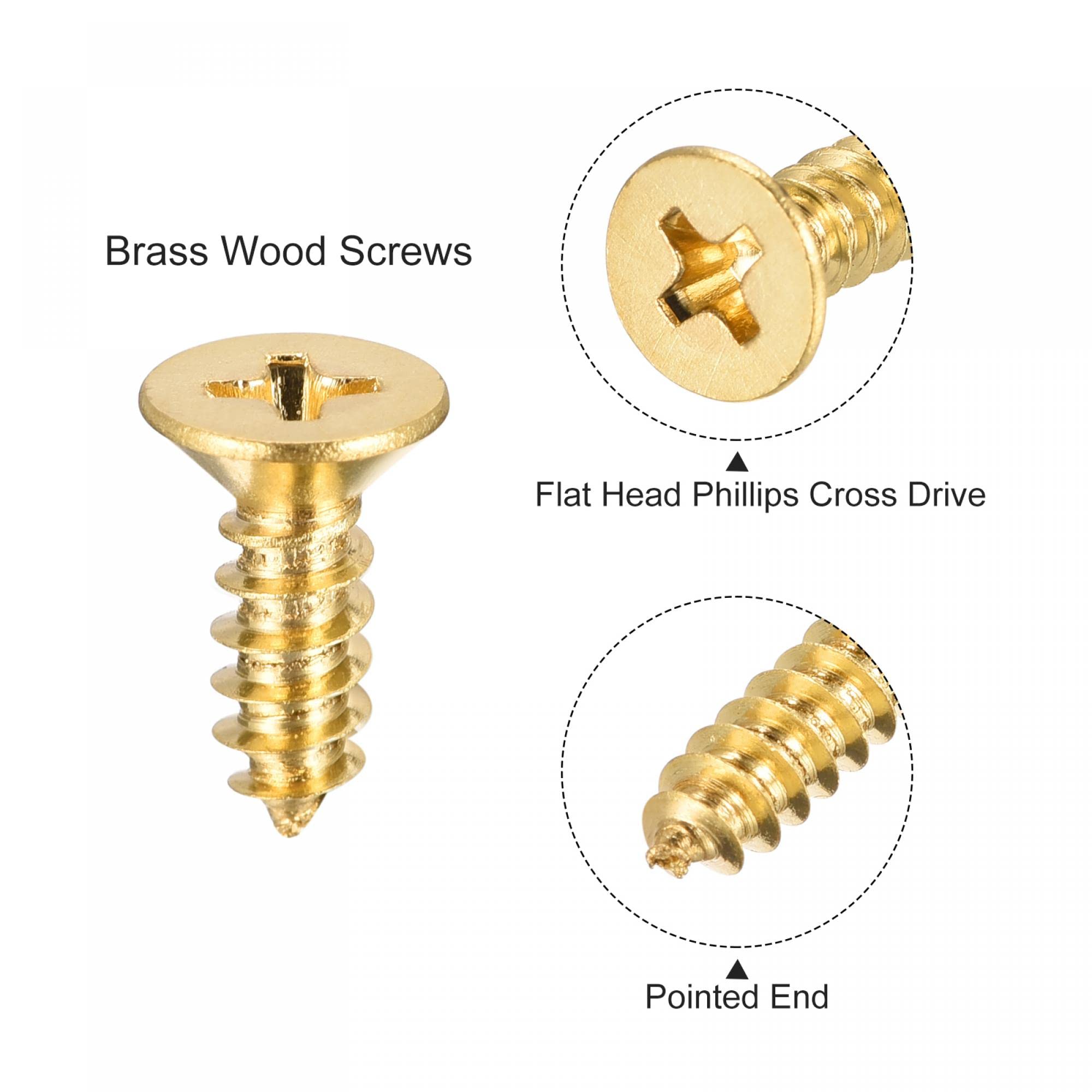 uxcell Brass Wood Screws, M5x16mm Phillips Flat Head Self Tapping Connector for Door Hinges, Wooden Furniture, Home Appliances 48Pcs