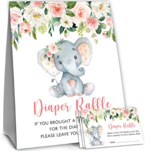 yuzioey girl elephant diaper raffle tickets and sign, floral elephant baby shower game cards, 50 tickets and matching standing sign, diaper raffle tickets for pink elephant baby shower invitations