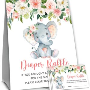 Yuzioey Girl Elephant Diaper Raffle Tickets and Sign, Floral Elephant Baby Shower Game Cards, 50 Tickets and Matching Standing Sign, Diaper Raffle Tickets for Pink Elephant Baby Shower Invitations