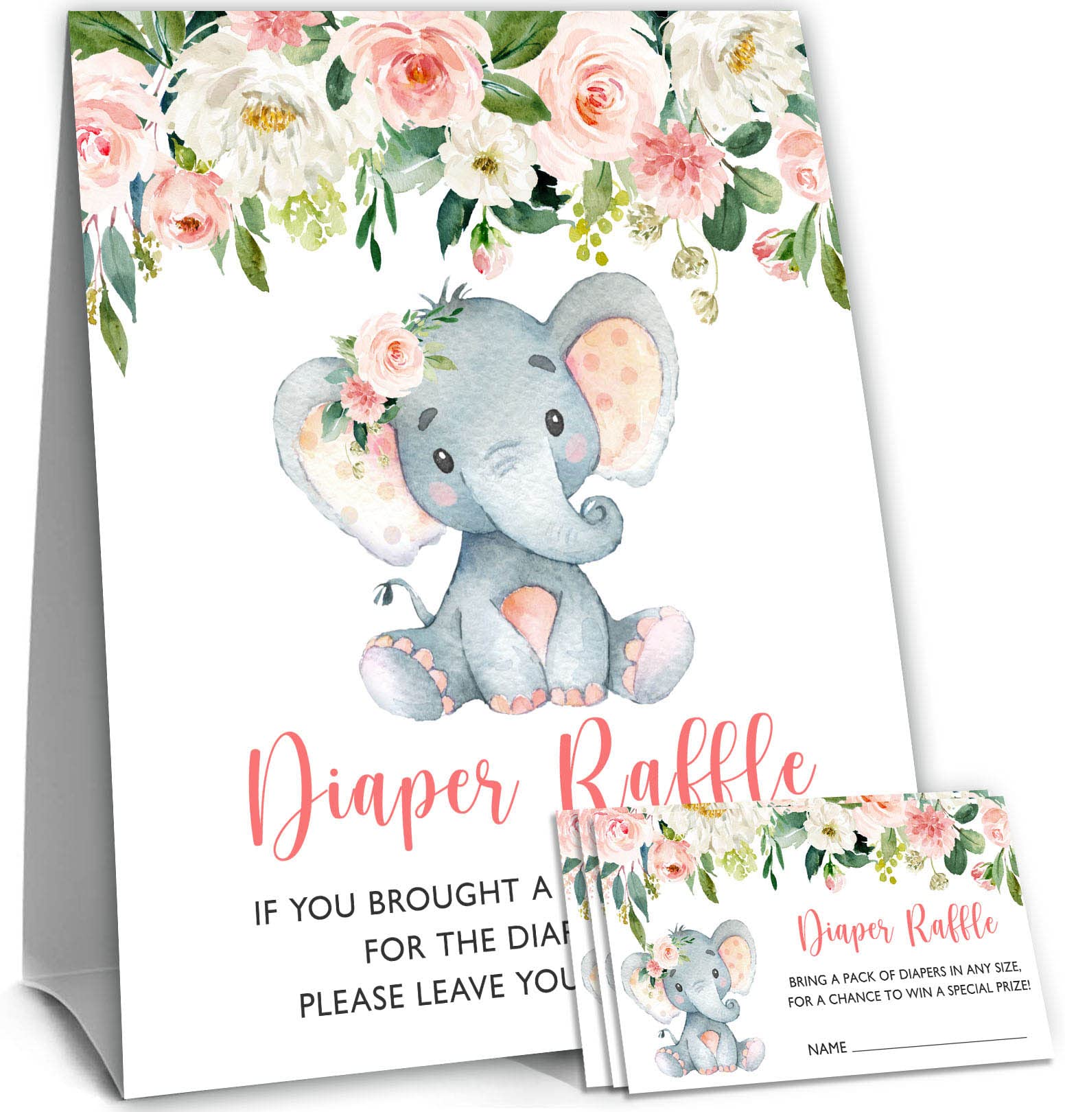 Yuzioey Girl Elephant Diaper Raffle Tickets and Sign, Floral Elephant Baby Shower Game Cards, 50 Tickets and Matching Standing Sign, Diaper Raffle Tickets for Pink Elephant Baby Shower Invitations