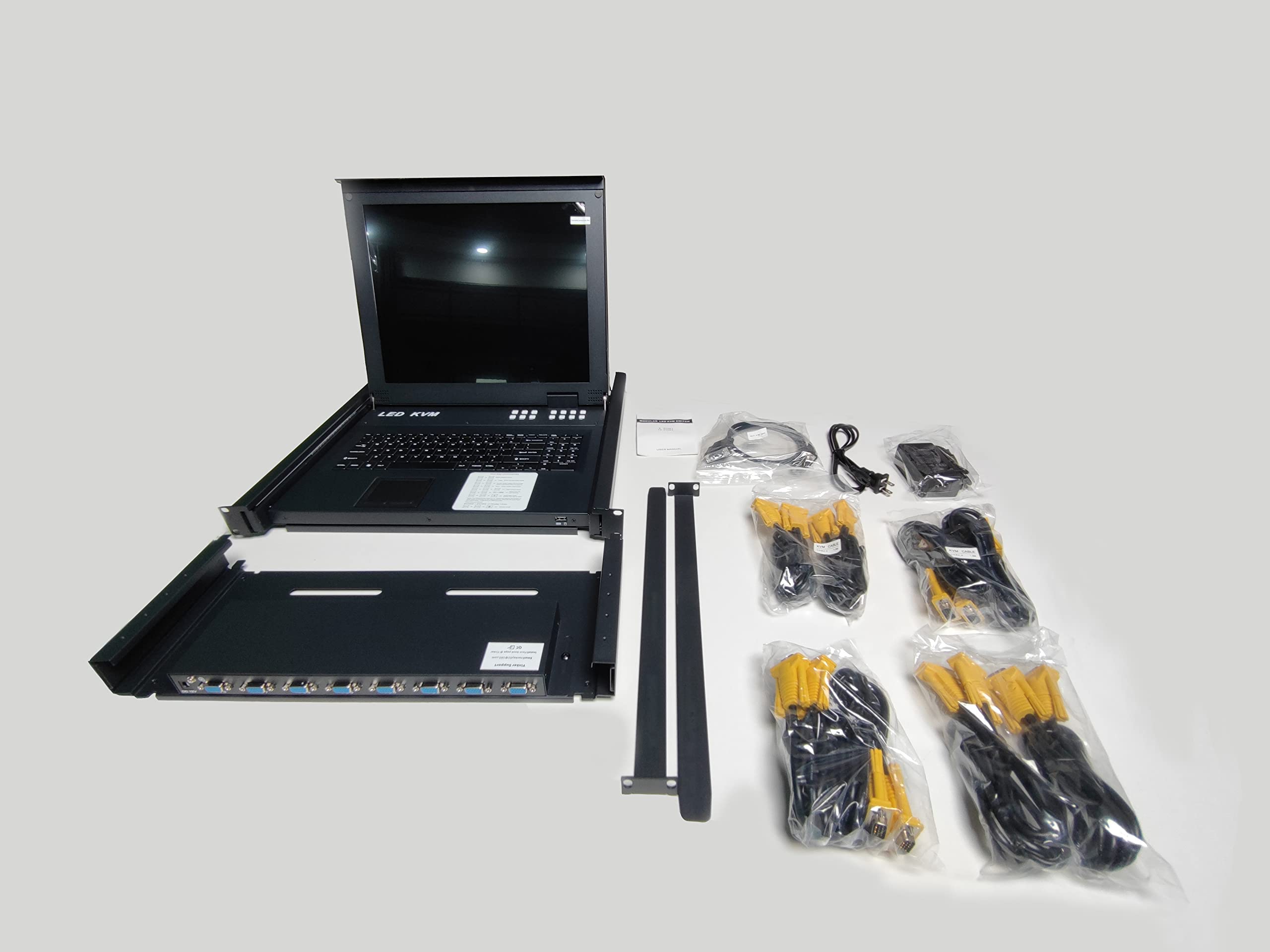 17" LCD KVM Console 8 Port VGA, Yinker Rackmount KVM Switch Fit 1U 19" Rack, Keyboard Monitor Touchpad Drawer Integrated + Cables