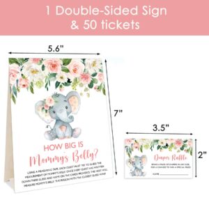 Yuzioey Girl Elephant Diaper Raffle Tickets and Sign, Floral Elephant Baby Shower Game Cards, 50 Tickets and Matching Standing Sign, Diaper Raffle Tickets for Pink Elephant Baby Shower Invitations