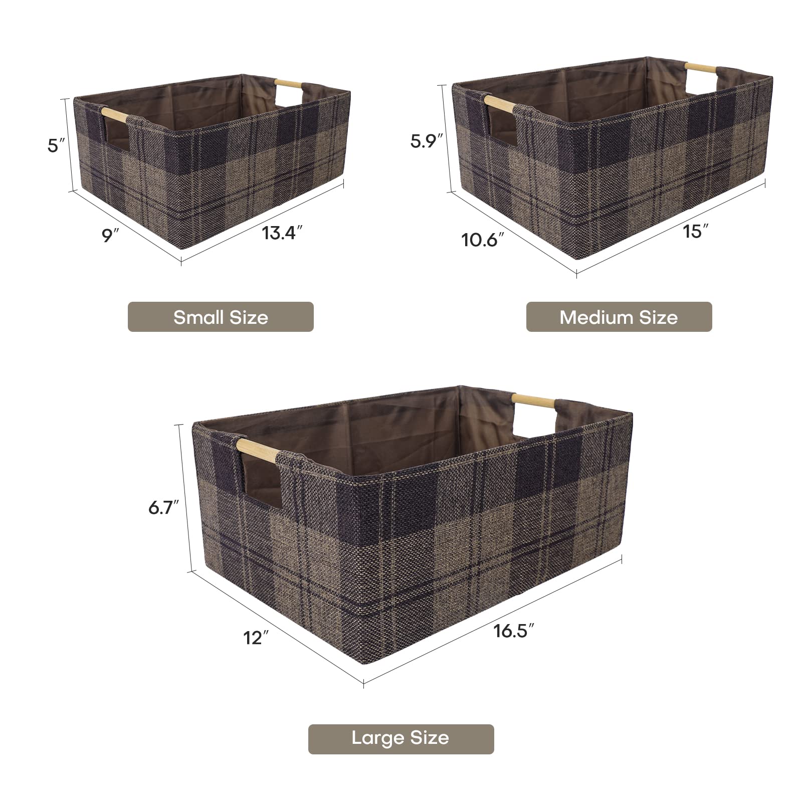 ANMINY 2PCS Storage Bins Set Foldable Cotton Linen Open Storage Baskets Box with Wood Handles Decorative Shelf Closet Clothes Towel Laundry Organizer Container - Medium, Coffee Plaid