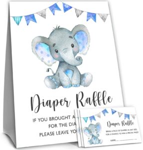 yuzioey boy elephant diaper raffle tickets and sign, elephant baby shower game cards, 50 tickets and matching standing sign, diaper raffle tickets for blue elephant baby shower invitations