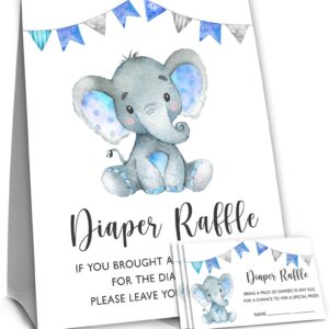 Yuzioey Boy Elephant Diaper Raffle Tickets and Sign, Elephant Baby Shower Game Cards, 50 Tickets and Matching Standing Sign, Diaper Raffle Tickets for Blue Elephant Baby Shower Invitations