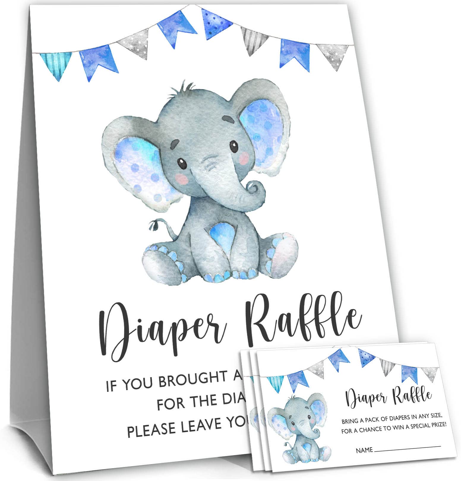 Yuzioey Boy Elephant Diaper Raffle Tickets and Sign, Elephant Baby Shower Game Cards, 50 Tickets and Matching Standing Sign, Diaper Raffle Tickets for Blue Elephant Baby Shower Invitations