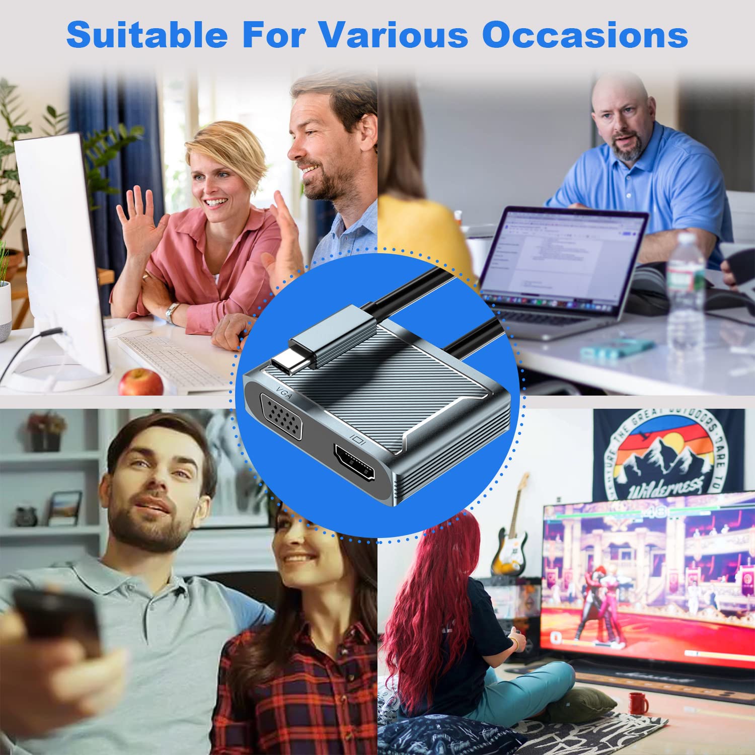 USB C to VGA & HDMI Adapter, USB C Adapter 2-in-1 Hub Thunderbolt 3,Compact and Portable Compatible for for MacBook Pro, MacBook Air, iPad Pro, Pixelbook, XPS, Galaxy, and More