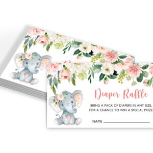 Yuzioey Girl Elephant Diaper Raffle Tickets and Sign, Floral Elephant Baby Shower Game Cards, 50 Tickets and Matching Standing Sign, Diaper Raffle Tickets for Pink Elephant Baby Shower Invitations