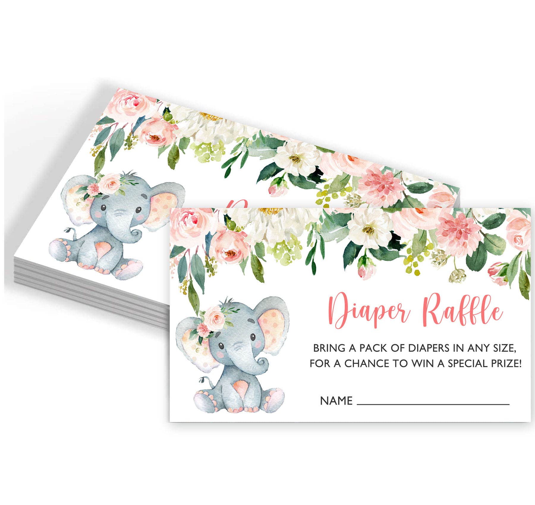 Yuzioey Girl Elephant Diaper Raffle Tickets and Sign, Floral Elephant Baby Shower Game Cards, 50 Tickets and Matching Standing Sign, Diaper Raffle Tickets for Pink Elephant Baby Shower Invitations