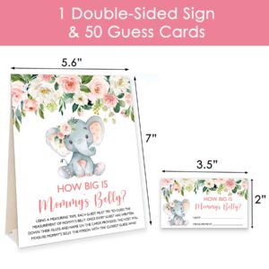 Yuzioey How Big is Mommy's Belly Elephant Baby Shower Game, Pink Floral Elephant Baby Shower Game, 50 Cards & Matching Sign & 3 Measuring Tapes