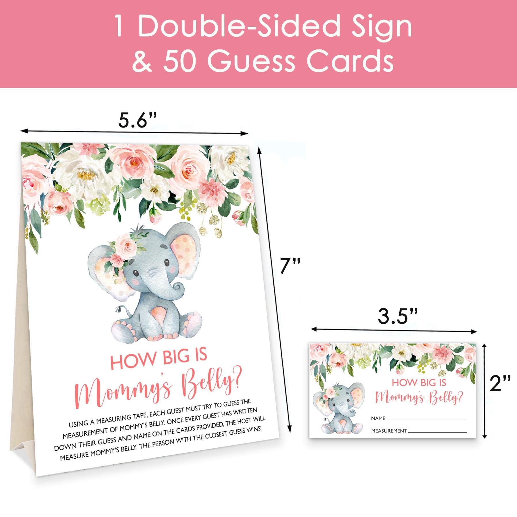 Yuzioey How Big is Mommy's Belly Elephant Baby Shower Game, Pink Floral Elephant Baby Shower Game, 50 Cards & Matching Sign & 3 Measuring Tapes