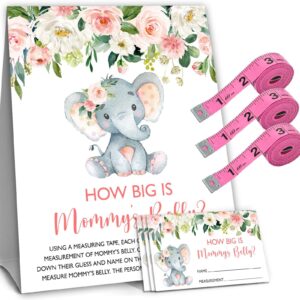 Yuzioey How Big is Mommy's Belly Elephant Baby Shower Game, Pink Floral Elephant Baby Shower Game, 50 Cards & Matching Sign & 3 Measuring Tapes