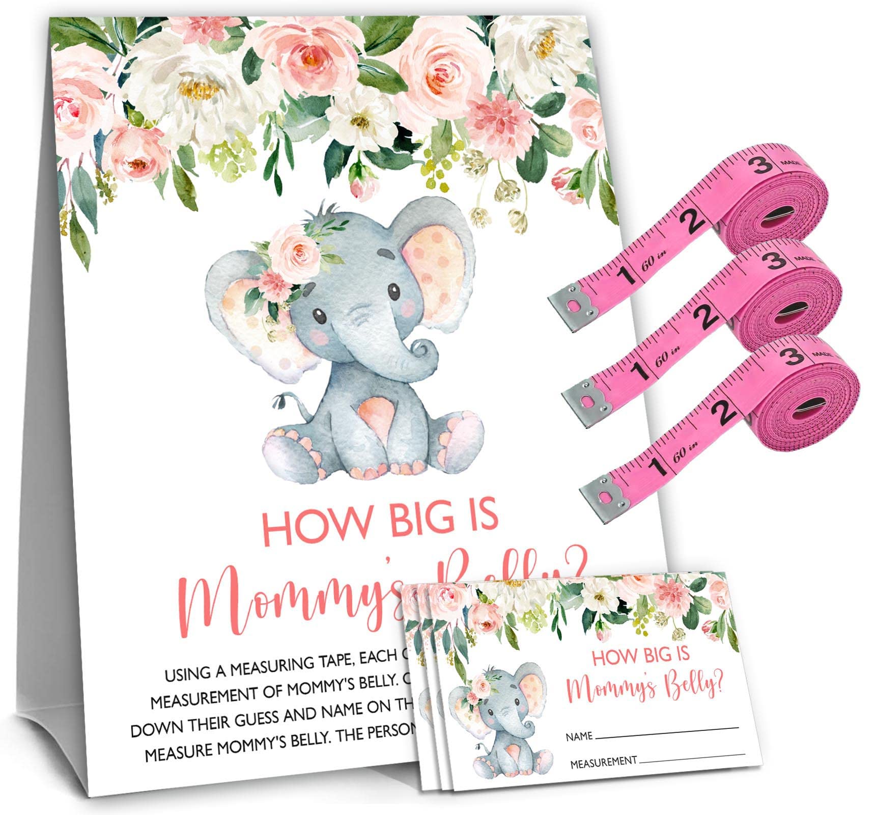 Yuzioey How Big is Mommy's Belly Elephant Baby Shower Game, Pink Floral Elephant Baby Shower Game, 50 Cards & Matching Sign & 3 Measuring Tapes