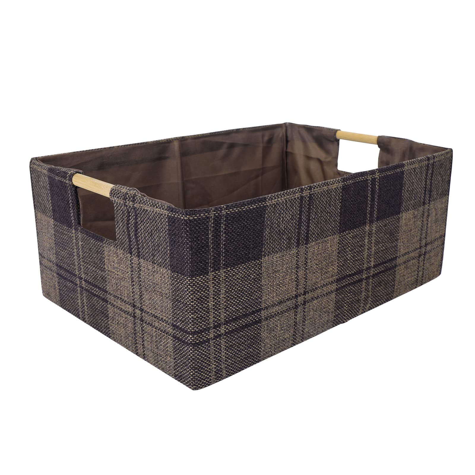 ANMINY 2PCS Storage Bins Set Foldable Cotton Linen Open Storage Baskets Box with Wood Handles Decorative Shelf Closet Clothes Towel Laundry Organizer Container - Medium, Coffee Plaid