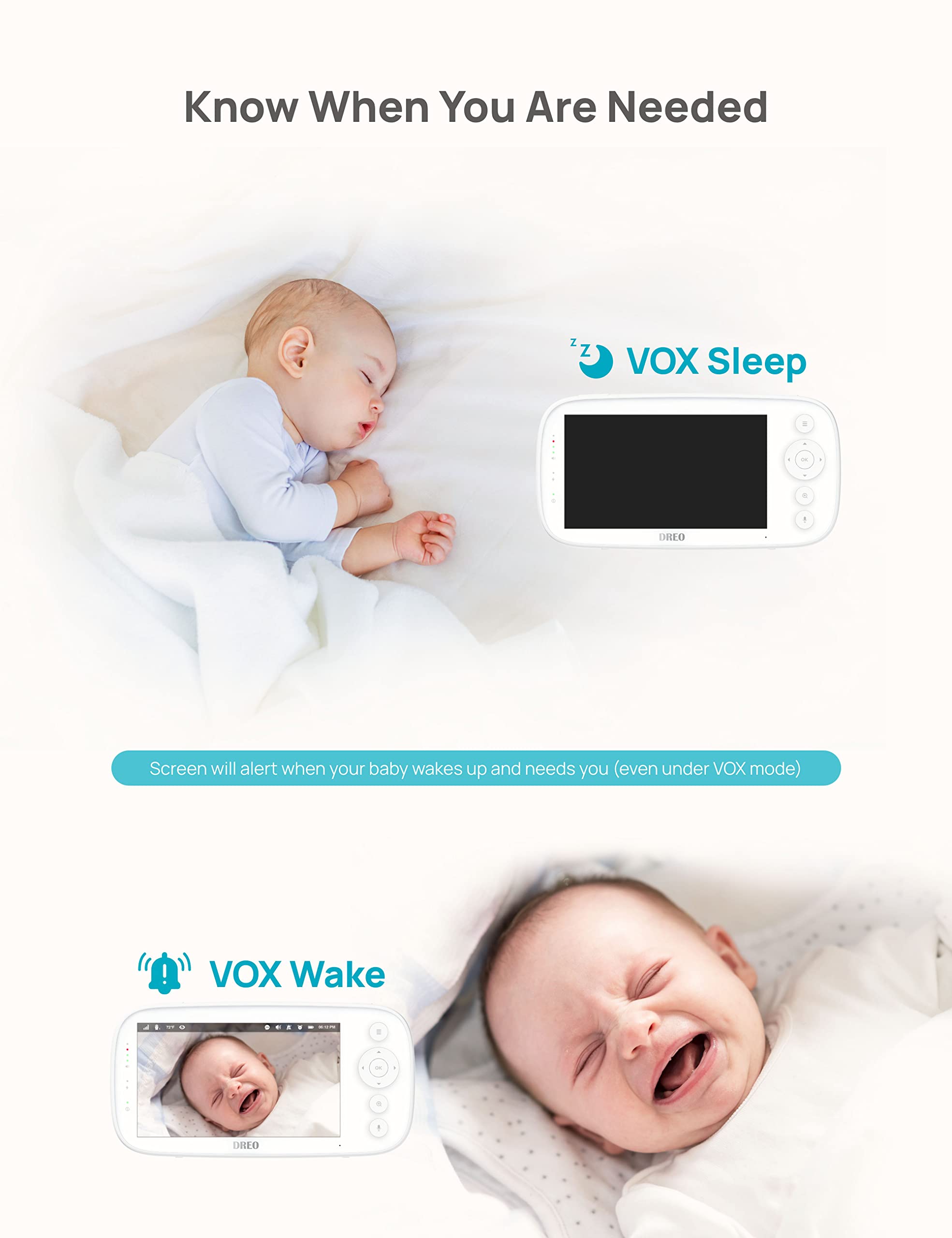 Dreo Baby Monitor, 5 Inches 720P HD Split Screen Video Baby Monitor with Camera and Audio, Infrared Night Vision, 2-Way Talk, Remote PTZ, 1000ft Range, 5000mAh Rechargeable Battery with VOX Mode