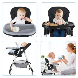 Kinder King High Chair for Babies & Toddlers, Simple Fold Highchair w/Large Storage Basket, Adjustable Height, Recline & Footrest, Detachable Double Trays, PU Cushion, Easy to Move & Clean, Black