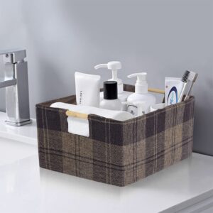 ANMINY 2PCS Storage Bins Set Foldable Cotton Linen Open Storage Baskets Box with Wood Handles Decorative Shelf Closet Clothes Towel Laundry Organizer Container - Medium, Coffee Plaid