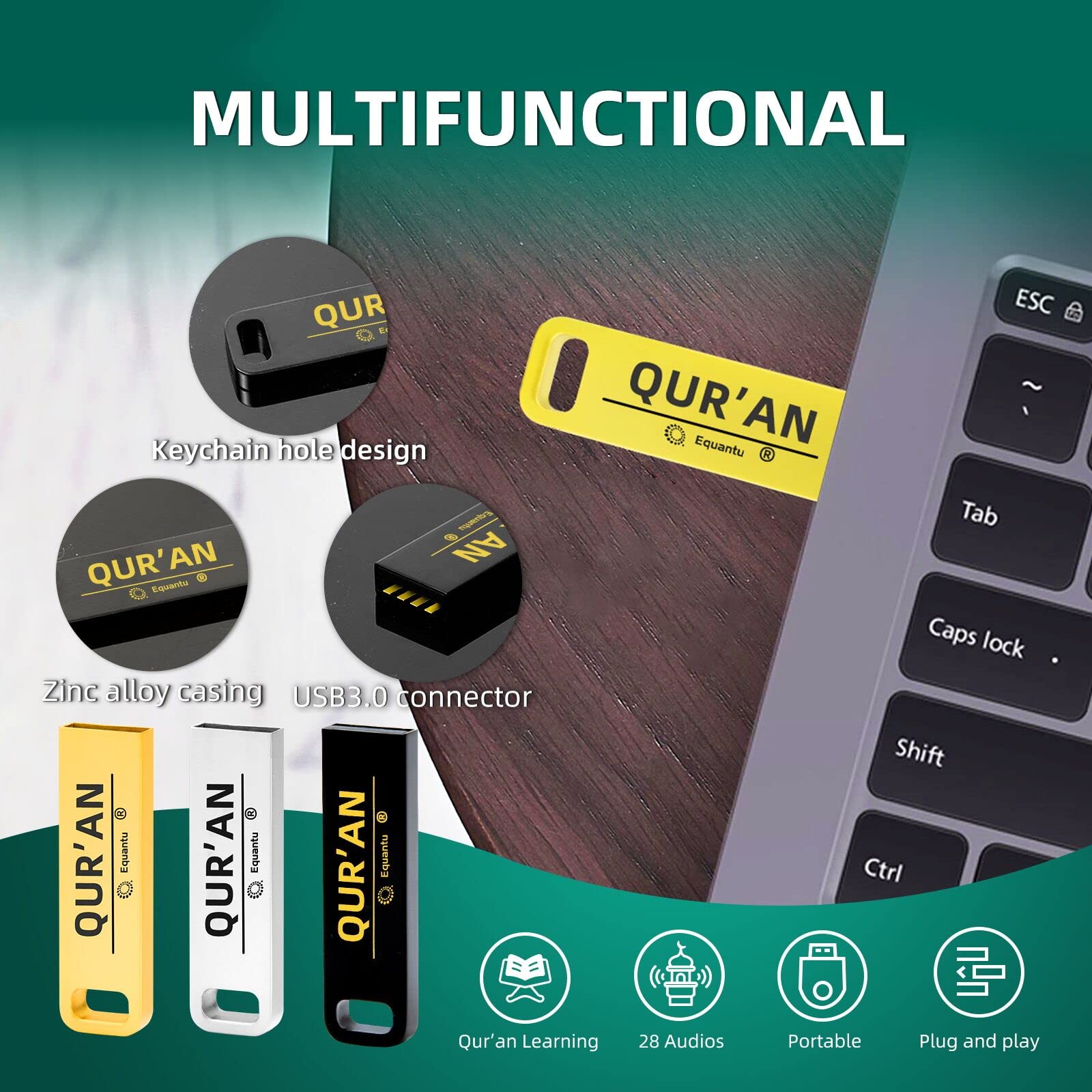 EQUANTU Quran USB Flash Drive - Portable 32GB Thumb Flash Drive, Quran in MP3 Format, 27 Famous Readers, Appliable for Cars, Laptops, Quran Speaker, and Other USB Compatible Devices (Silver)