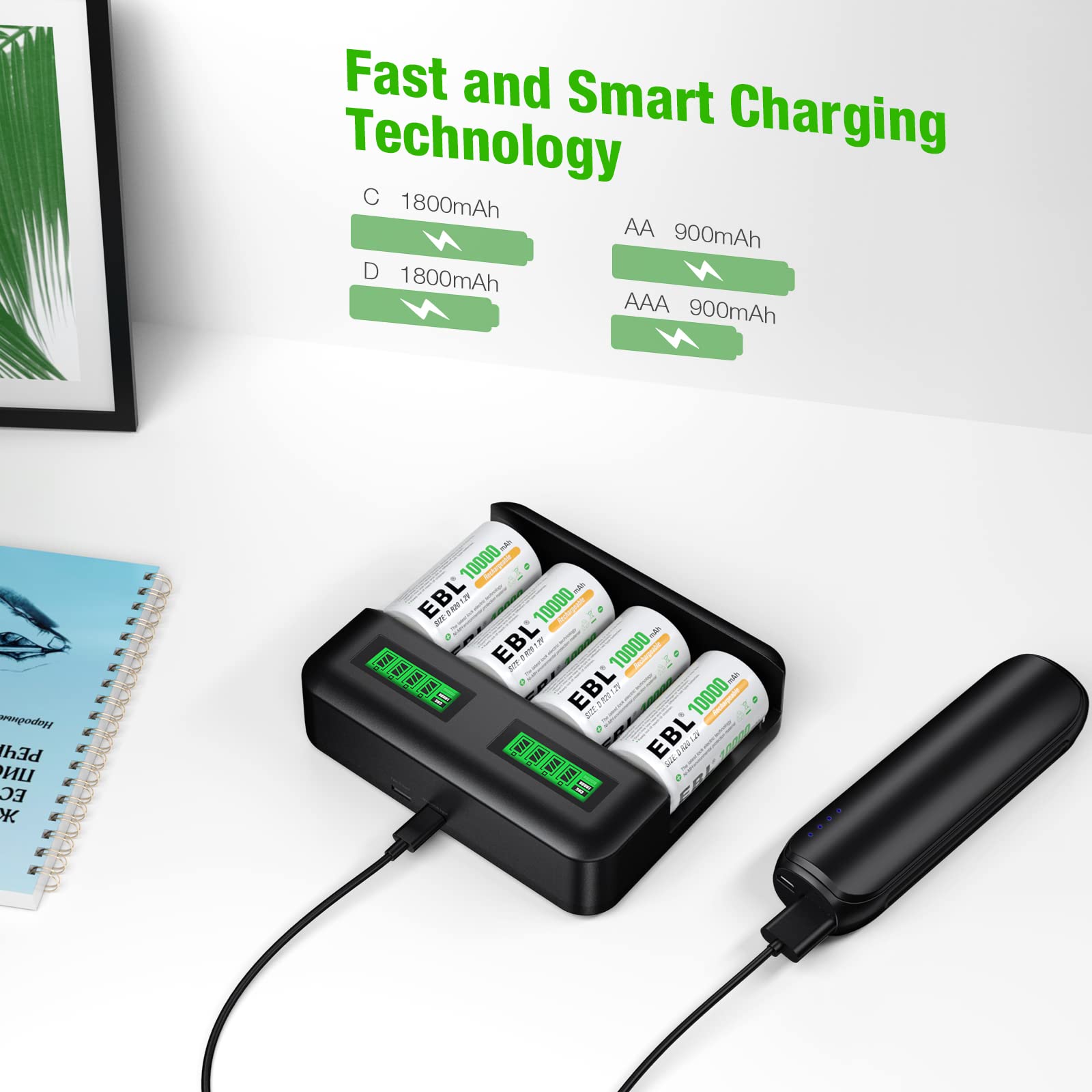 EBL LCD Rechargeable Battery Charger for Ni-MH AA AAA C D Rechargeable Batteries with Rechargeable D Batteries - 4 Pack