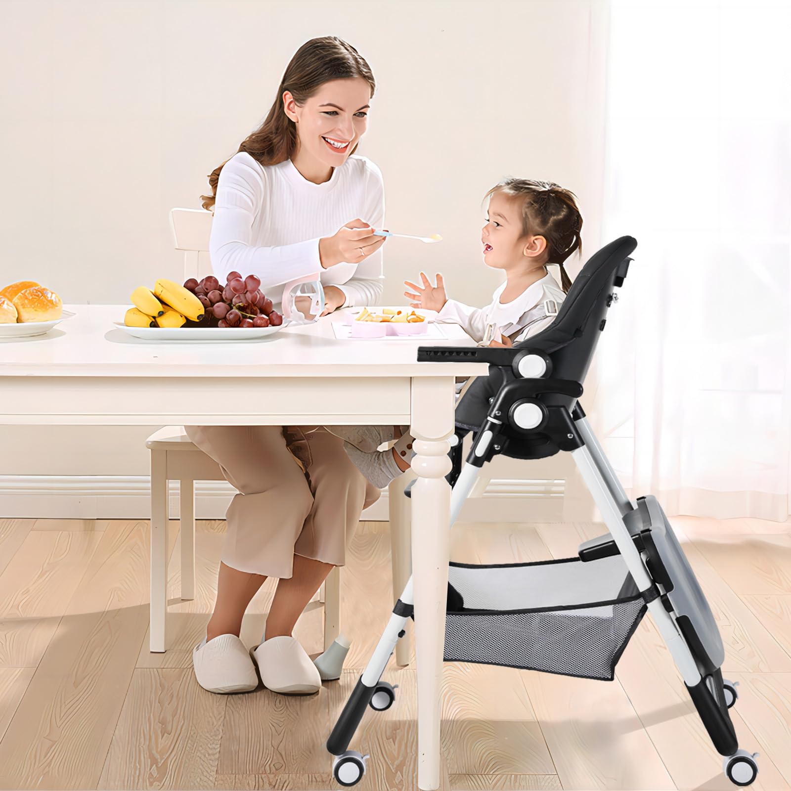 Kinder King High Chair for Babies & Toddlers, Simple Fold Highchair w/Large Storage Basket, Adjustable Height, Recline & Footrest, Detachable Double Trays, PU Cushion, Easy to Move & Clean, Black