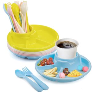 hedume set of 8 toddler feeding divided plates with fork and spoon, 4-compartment divided plastic kids tray with deep sides for baby, toddler & child feeding, bpa free, microwave & dishwasher safe